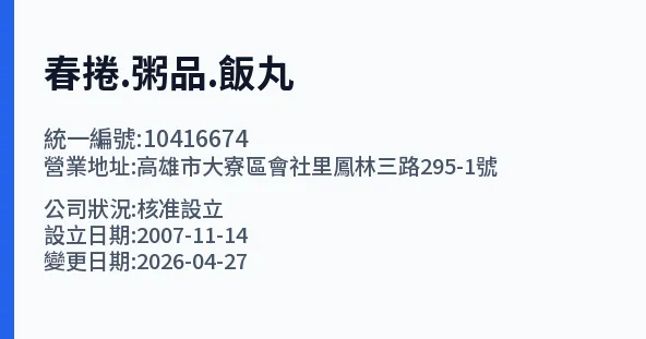 春捲.粥品.飯丸的照片-統編 10416674(高雄市) 公司登記資料與營業項目詳細圖表