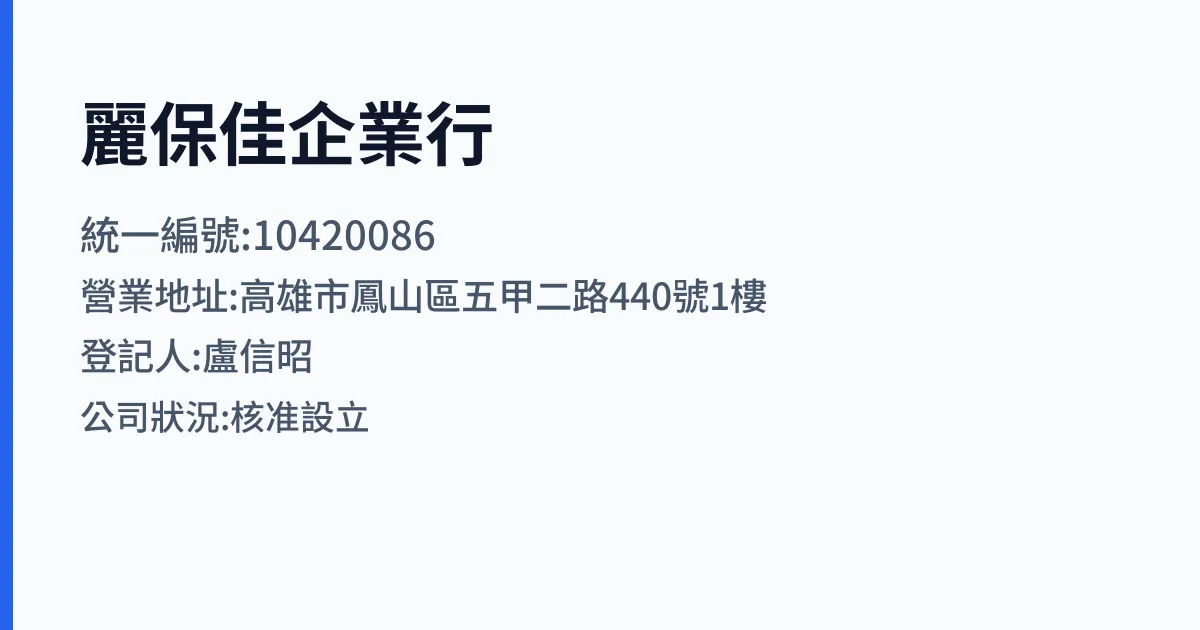 麗保佳企業行 - 統編 10420086(高雄市) 公司登記資料與營業項目詳細圖表