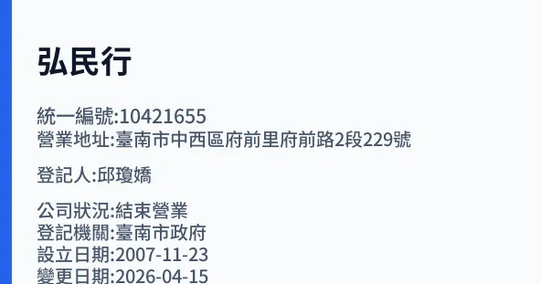 弘民行的照片-統編 10421655(臺南市) 公司登記資料與營業項目詳細圖表