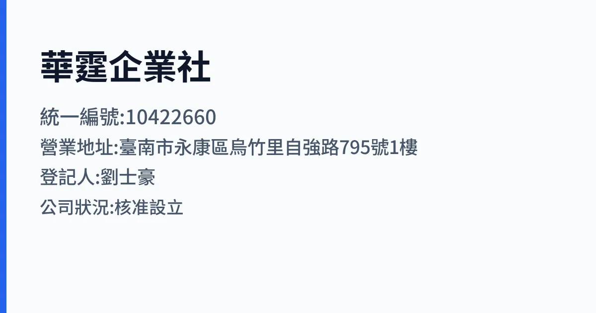 華霆企業社 - 統編 10422660(臺南市) 公司登記資料與營業項目詳細圖表