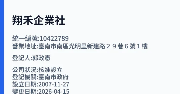 翔禾企業社的照片-統編 10422789(臺南市) 公司登記資料與營業項目詳細圖表