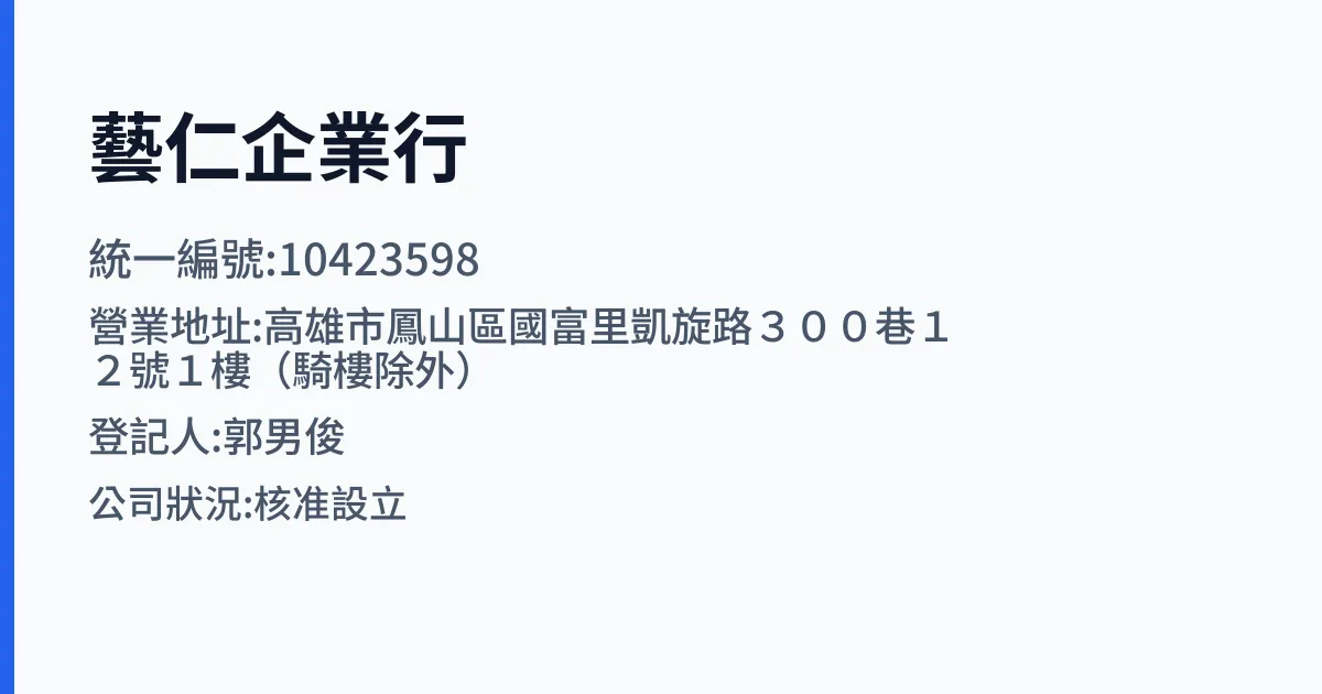 藝仁企業行 - 統編 10423598(高雄市) 公司登記資料與營業項目詳細圖表