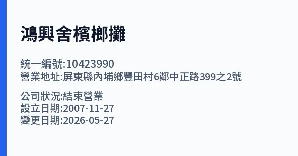 鴻興舍檳榔攤的照片-統編 10423990(屏東縣) 公司登記資料與營業項目詳細圖表