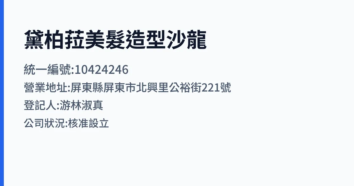 黛柏菈美髮造型沙龍 - 統編 10424246(屏東縣) 公司登記資料與營業項目詳細圖表
