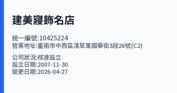 建美寢飾名店的照片-統編 10425224(臺南市) 公司登記資料與營業項目詳細圖表