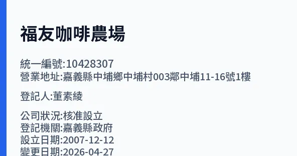 福友咖啡農場的照片-統編 10428307(嘉義縣) 公司登記資料與營業項目詳細圖表