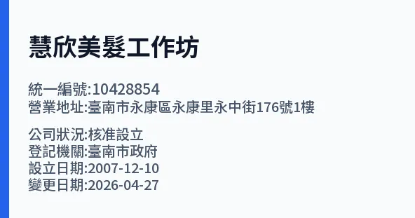 慧欣美髮工作坊的照片-統編 10428854(臺南市) 公司登記資料與營業項目詳細圖表