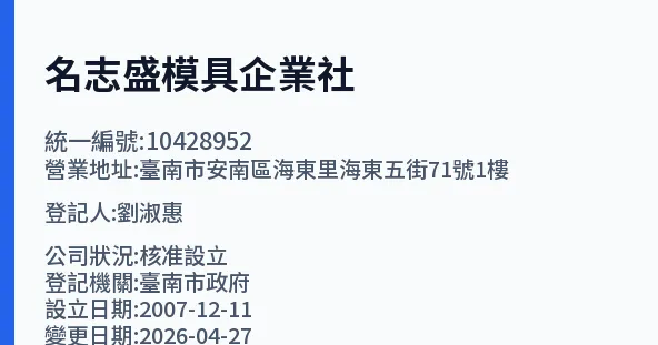 名志盛模具企業社的照片-統編 10428952(臺南市) 公司登記資料與營業項目詳細圖表