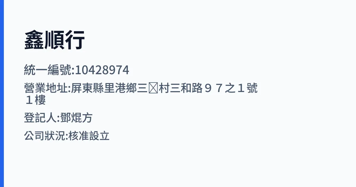 鑫順行 - 統編 10428974(屏東縣) 公司登記資料與營業項目詳細圖表