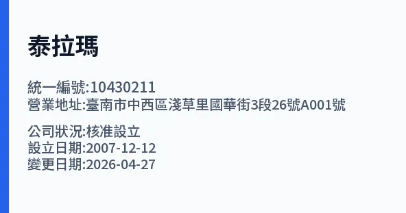 泰拉瑪的照片-統編 10430211(臺南市) 公司登記資料與營業項目詳細圖表