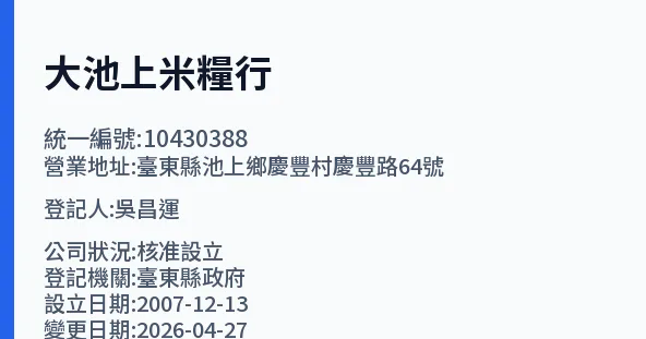 大池上米糧行的照片-統編 10430388(臺東縣) 公司登記資料與營業項目詳細圖表