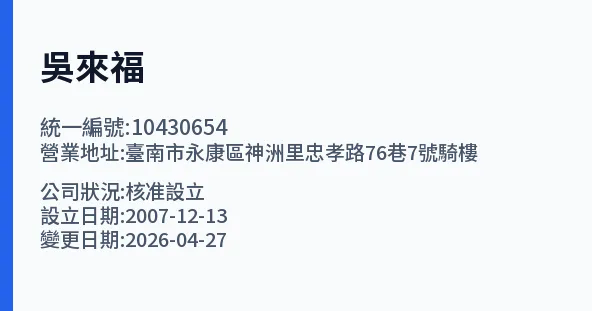 吳來福的照片-統編 10430654(臺南市) 公司登記資料與營業項目詳細圖表