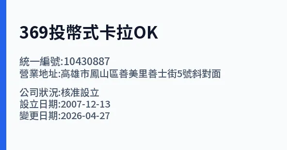 369投幣式卡拉OK的照片-統編 10430887(高雄市) 公司登記資料與營業項目詳細圖表