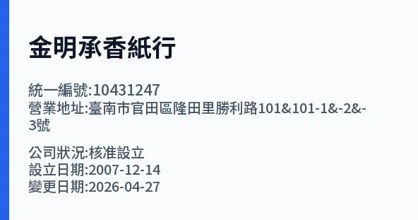 金明承香紙行的照片-統編 10431247(臺南市) 公司登記資料與營業項目詳細圖表