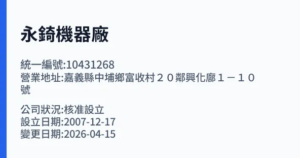 永錡機器廠的照片-統編 10431268(嘉義縣) 公司登記資料與營業項目詳細圖表