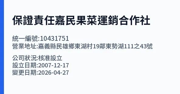 保證責任嘉民果菜運銷合作社的照片-統編 10431751(嘉義縣) 公司登記資料與營業項目詳細圖表