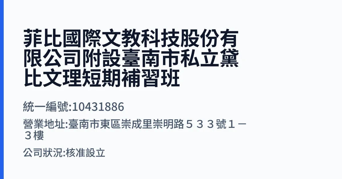 菲比國際文教科技股份有限公司附設臺南市私立黛比文理短期補習班 - 統編 10431886(臺南市) 公司登記資料與營業項目詳細圖表