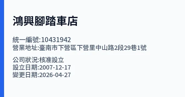 鴻興腳踏車店的照片-統編 10431942(臺南市) 公司登記資料與營業項目詳細圖表