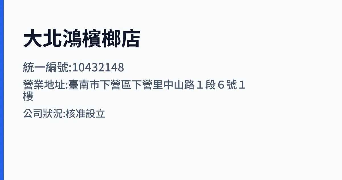 大北鴻檳榔店 - 統編 10432148（臺南市） 公司登記資料與營業項目詳細圖表