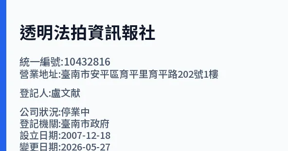 透明法拍資訊報社的照片-統編 10432816(臺南市) 公司登記資料與營業項目詳細圖表