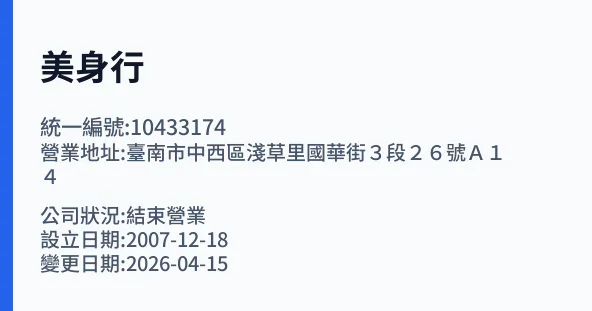美身行的照片-統編 10433174(臺南市) 公司登記資料與營業項目詳細圖表
