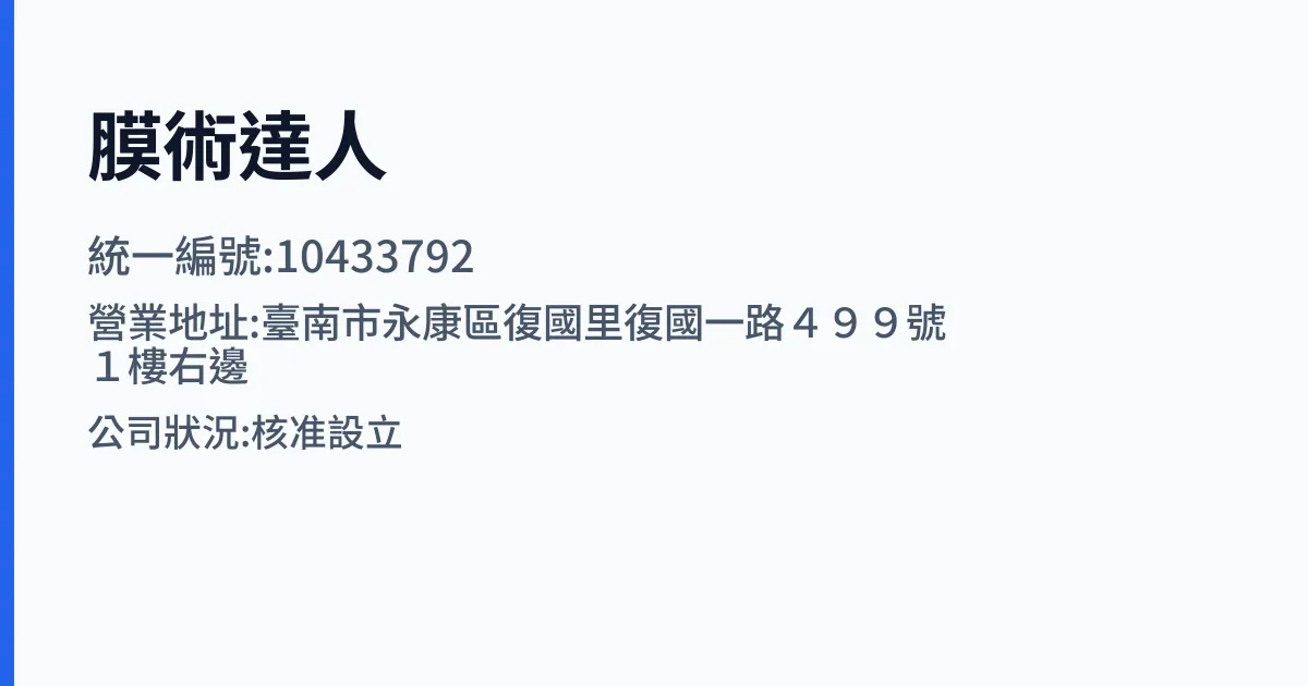 膜術達人 - 統編 10433792(臺南市) 公司登記資料與營業項目詳細圖表