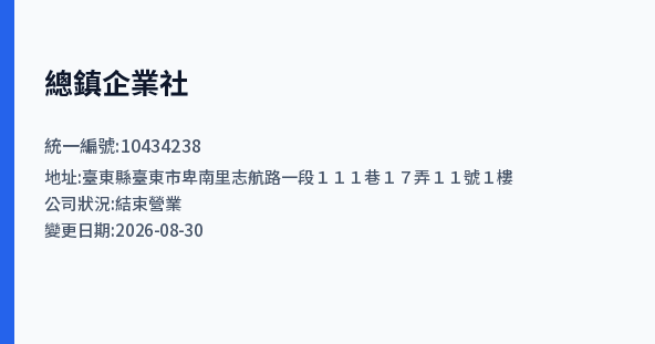 總鎮企業社的照片-統編 10434238(臺東縣) 公司登記資料與營業項目詳細圖表