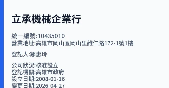立承機械企業行的照片-統編 10435010(高雄市) 公司登記資料與營業項目詳細圖表