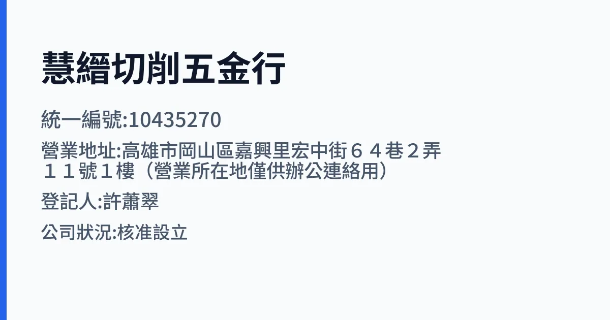 慧縉切削五金行 - 統編 10435270(高雄市) 公司登記資料與營業項目詳細圖表