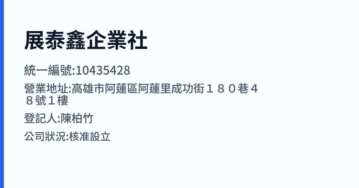 展泰鑫企業社 - 統編 10435428(高雄市) 公司登記資料與營業項目詳細圖表