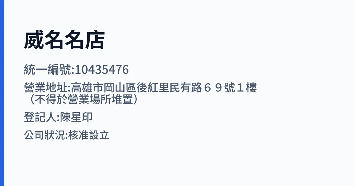 威名名店 - 統編 10435476(高雄市) 公司登記資料與營業項目詳細圖表