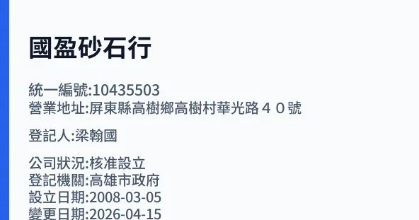 國盈砂石行的照片-統編 10435503(屏東縣) 公司登記資料與營業項目詳細圖表