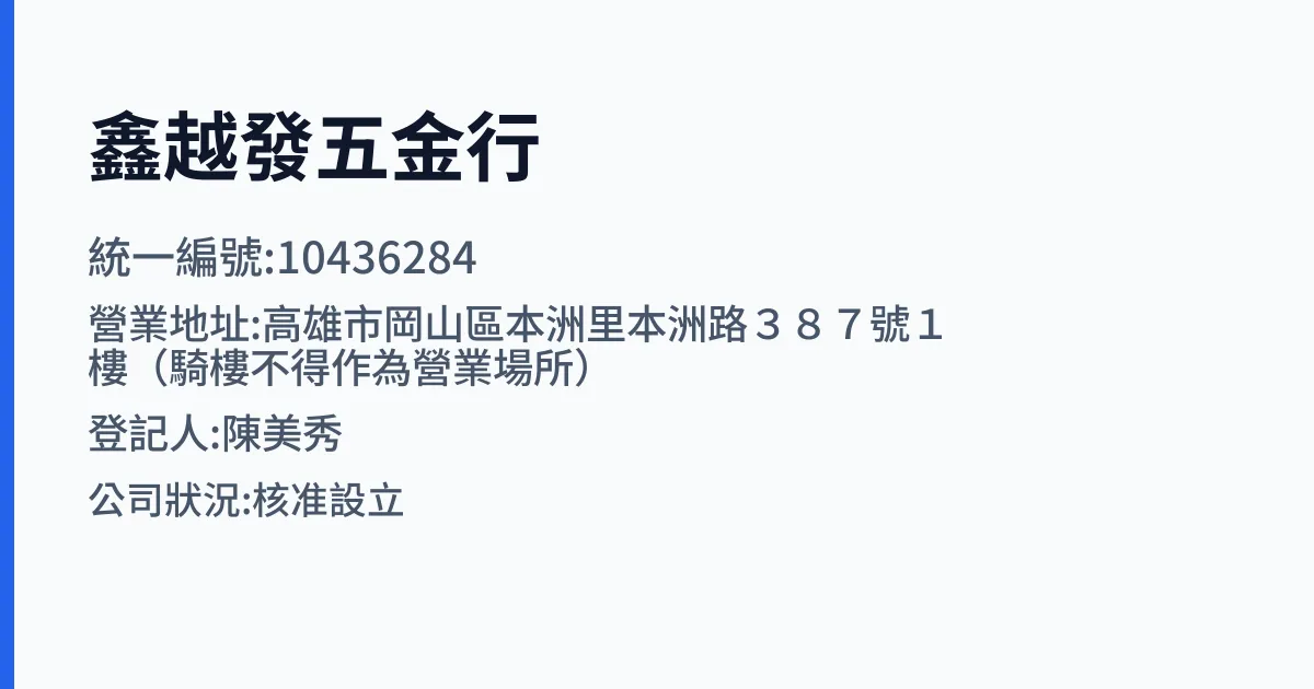 鑫越發五金行 - 統編 10436284(高雄市) 公司登記資料與營業項目詳細圖表