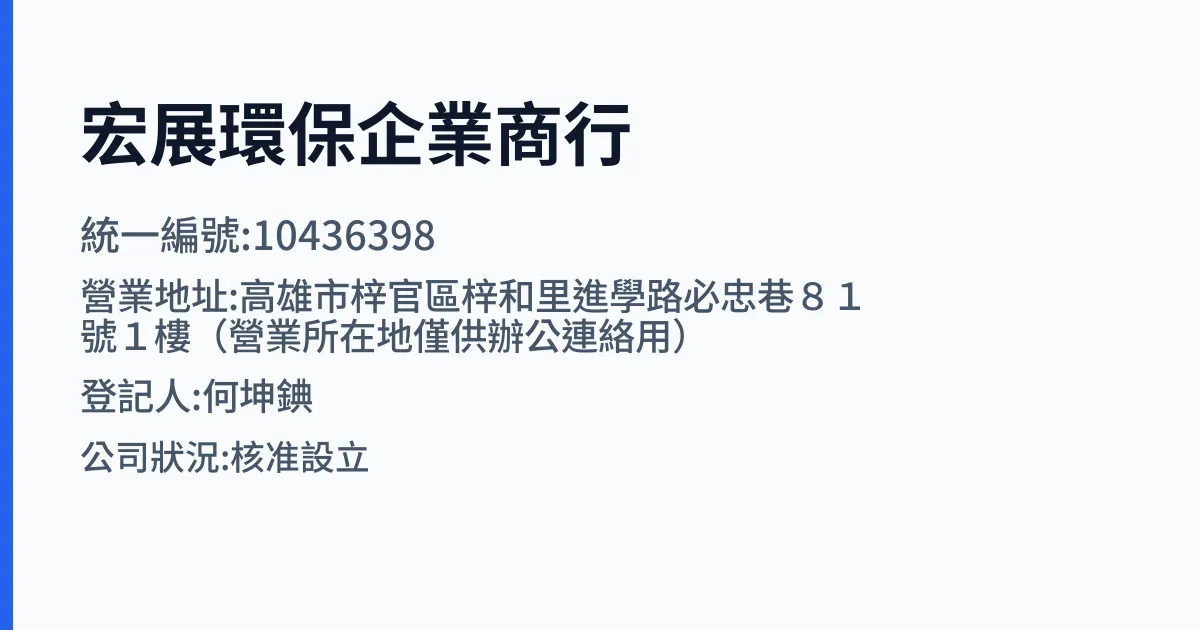宏展環保企業商行 - 統編 10436398(高雄市) 公司登記資料與營業項目詳細圖表