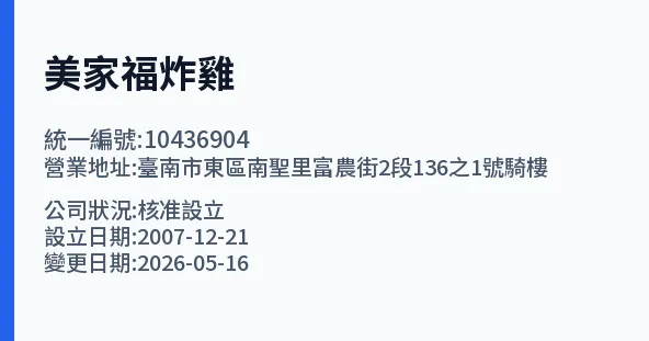 美家福炸雞的照片-統編 10436904(臺南市) 公司登記資料與營業項目詳細圖表