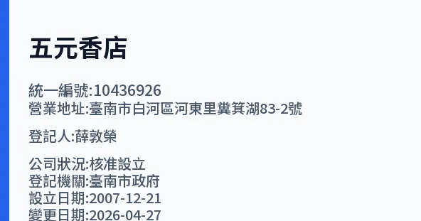 五元香店的照片-統編 10436926(臺南市) 公司登記資料與營業項目詳細圖表