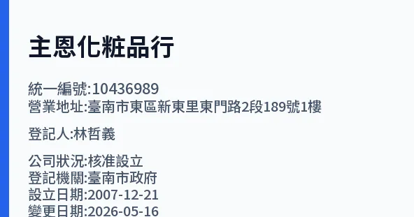 主恩化粧品行的照片-統編 10436989(臺南市) 公司登記資料與營業項目詳細圖表