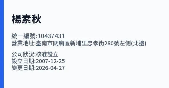 楊素秋的照片-統編 10437431(臺南市) 公司登記資料與營業項目詳細圖表