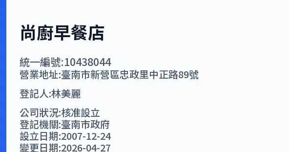 尚廚早餐店的照片-統編 10438044(臺南市) 公司登記資料與營業項目詳細圖表
