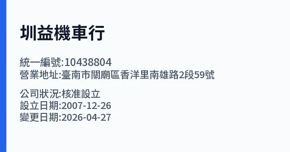 圳益機車行的照片-統編 10438804(臺南市) 公司登記資料與營業項目詳細圖表
