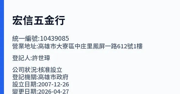 宏信五金行的照片-統編 10439085(高雄市) 公司登記資料與營業項目詳細圖表