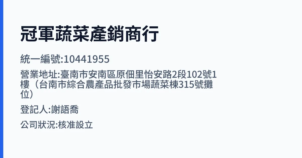 冠軍蔬菜產銷商行 - 統編 10441955(臺南市) 公司登記資料與營業項目詳細圖表