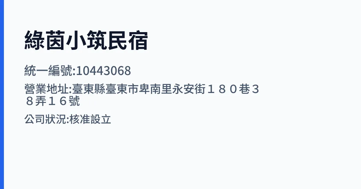 綠茵小筑民宿 - 統編 10443068(臺東縣) 公司登記資料與營業項目詳細圖表