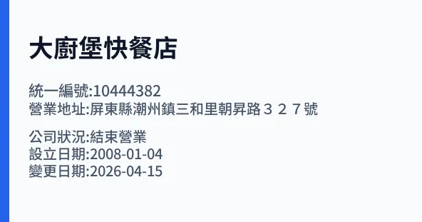 大廚堡快餐店的照片-統編 10444382(屏東縣) 公司登記資料與營業項目詳細圖表