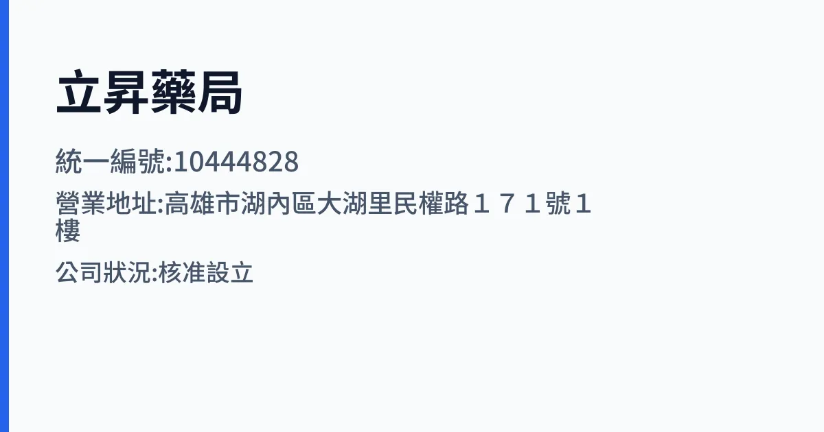 立昇藥局 - 統編 10444828(高雄市) 公司登記資料與營業項目詳細圖表