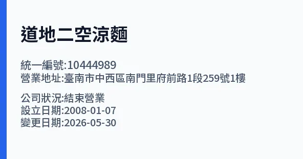 道地二空涼麵的照片-統編 10444989(臺南市) 公司登記資料與營業項目詳細圖表