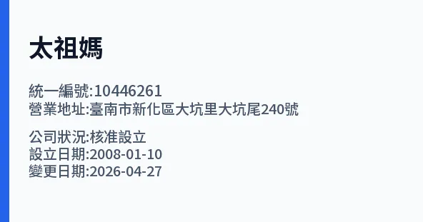 太祖媽的照片-統編 10446261(臺南市) 公司登記資料與營業項目詳細圖表