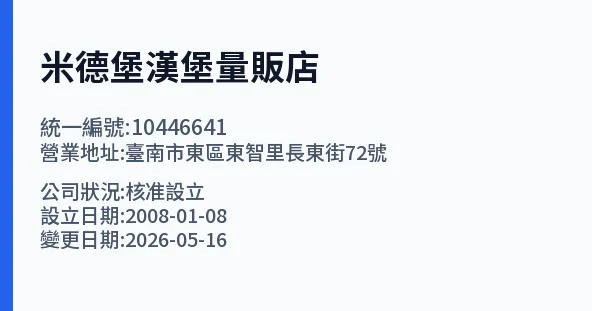 米德堡漢堡量販店的照片-統編 10446641(臺南市) 公司登記資料與營業項目詳細圖表