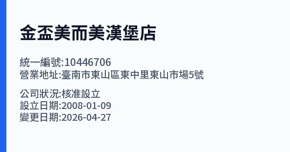 金盃美而美漢堡店的照片-統編 10446706(臺南市) 公司登記資料與營業項目詳細圖表