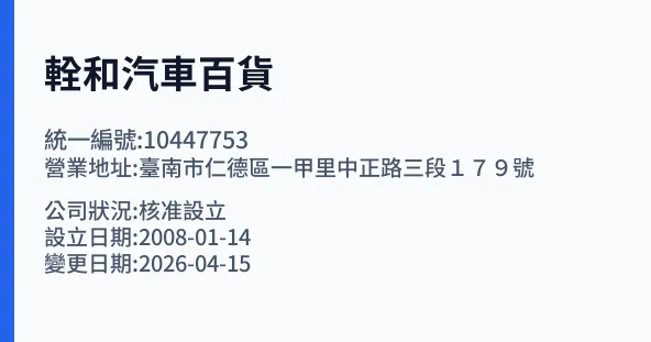 輇和汽車百貨的照片-統編 10447753(臺南市) 公司登記資料與營業項目詳細圖表